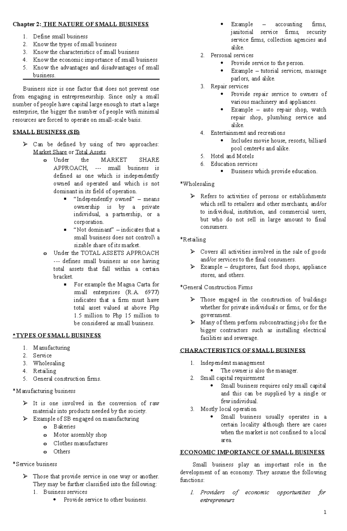 Chapter 2 Entrep - Marketing Handouts - Chapter 2: THE NATURE OF SMALL ...
