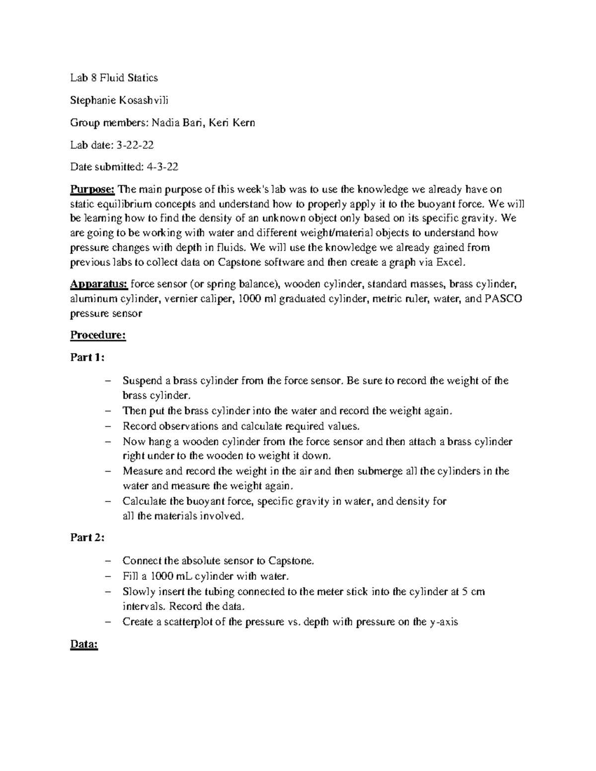 Lab 8 - Fluid Statics - Lab 8 Fluid Statics Stephanie Kosashvili Group ...