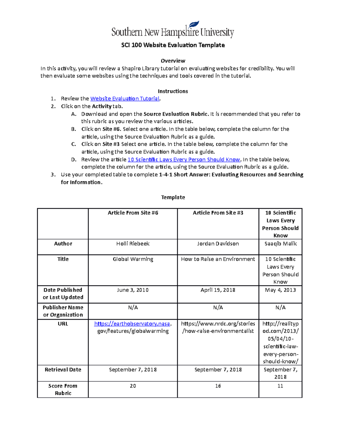 1-4-1 Short Answer Website Evaluation Template (Science) - SCI 100 Website Evaluation Template ...
