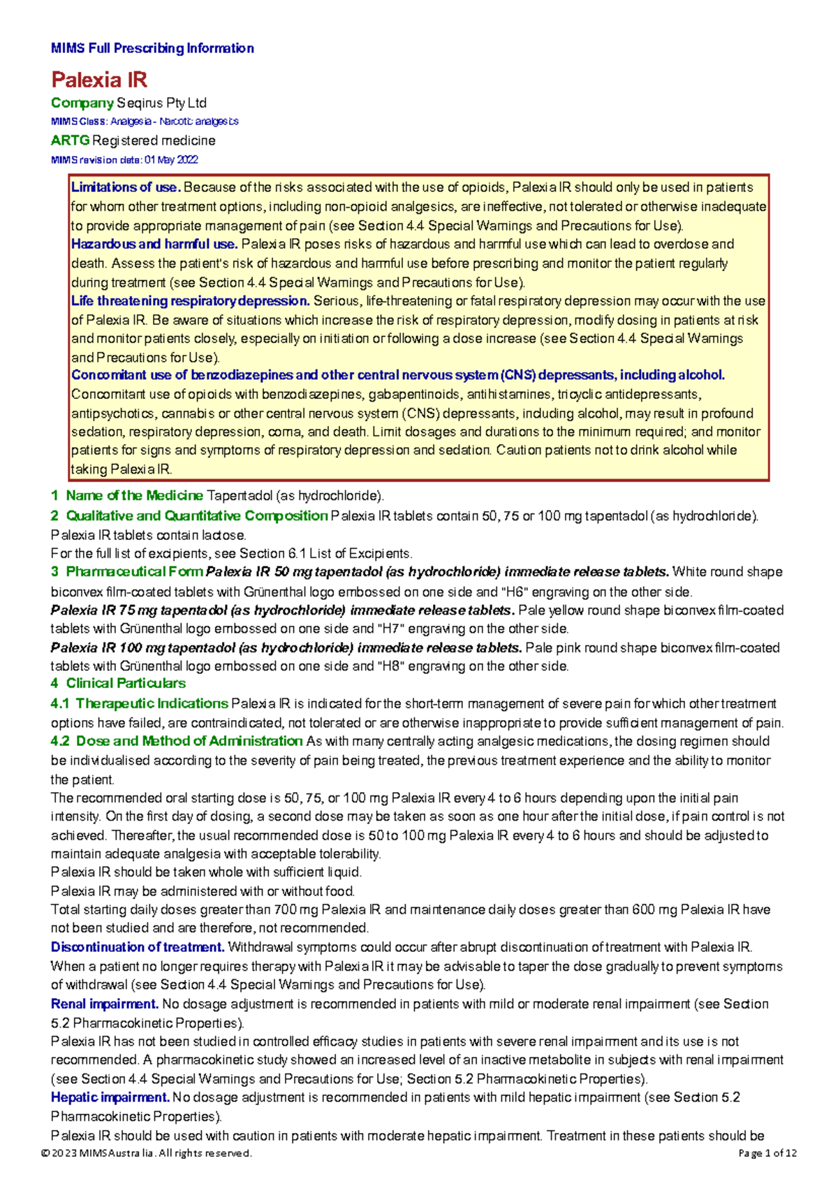 Palexia - Drugs information - MIMS Full Prescribing Information Palexia ...