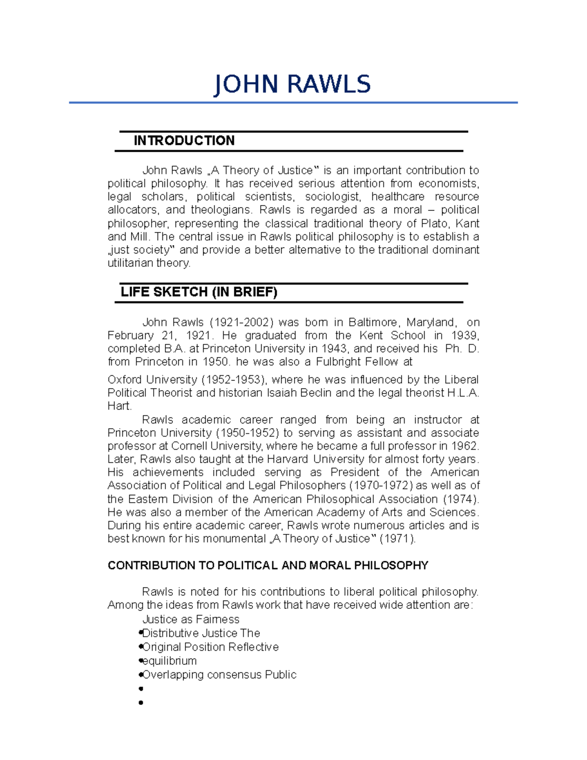 NOTE ON JOHN Rawls - JOHN RAWLS INTRODUCTION John Rawls „A Theory of ...