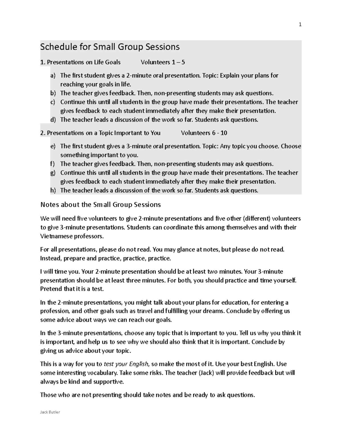 Advice, Giving and Responding - Schedule for Small Group Sessions 1 ...