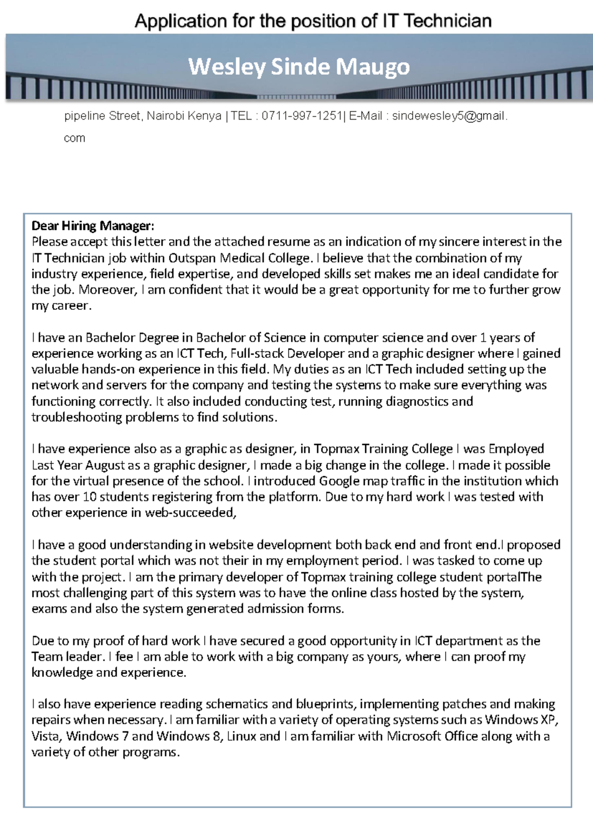 Wesley application letter 1 - pipeline Street, Nairobi Kenya | TEL ...