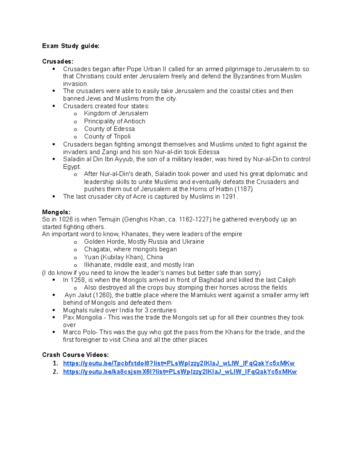 Exam Study guide - Exam Study guide: Crusades: Crusades began after ...