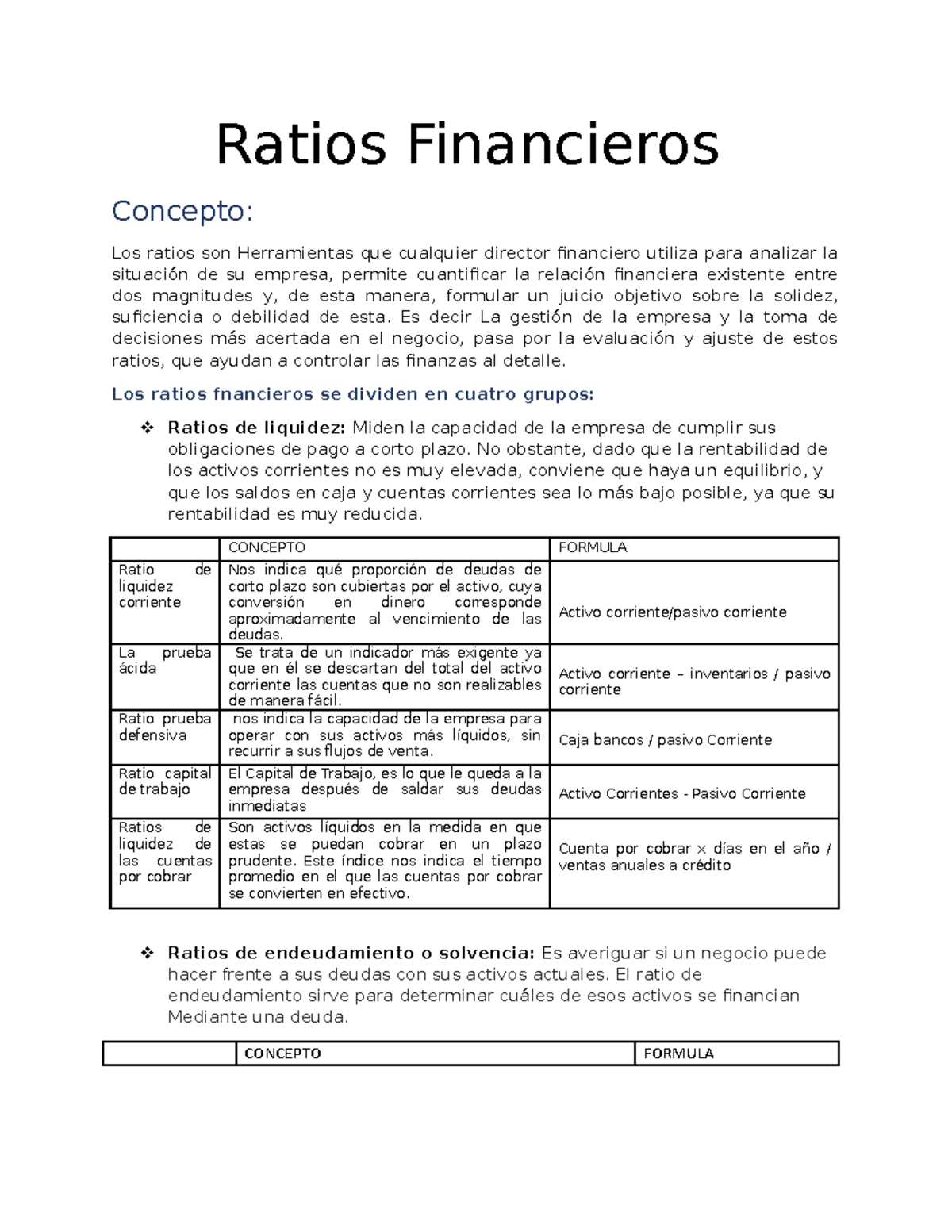 Document 1 - espero te ayude - Ratios Financieros Concepto: Los ratios ...
