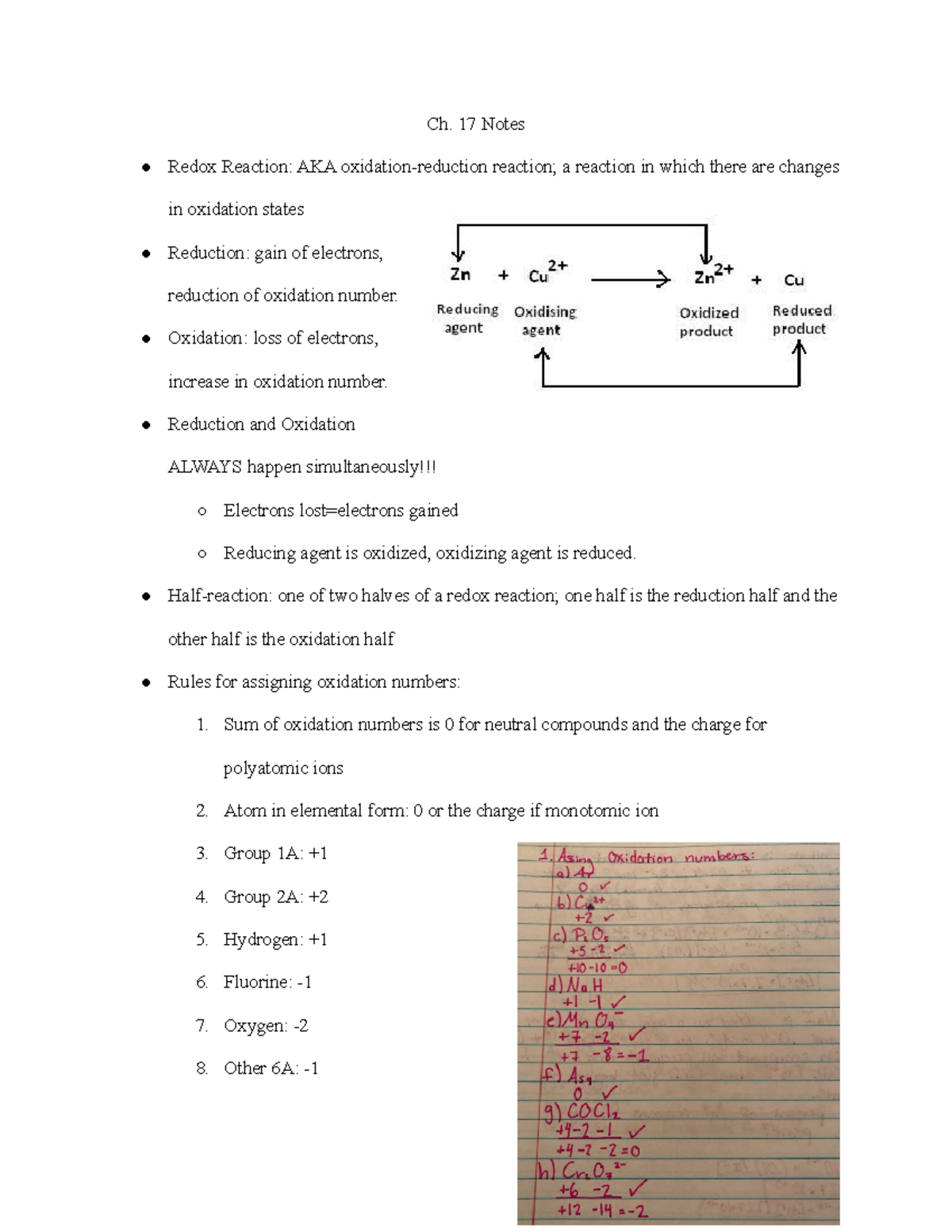 Chem Ch. 17 Notes - Ch. 17 Notes Redox Reaction: AKA oxidation ...