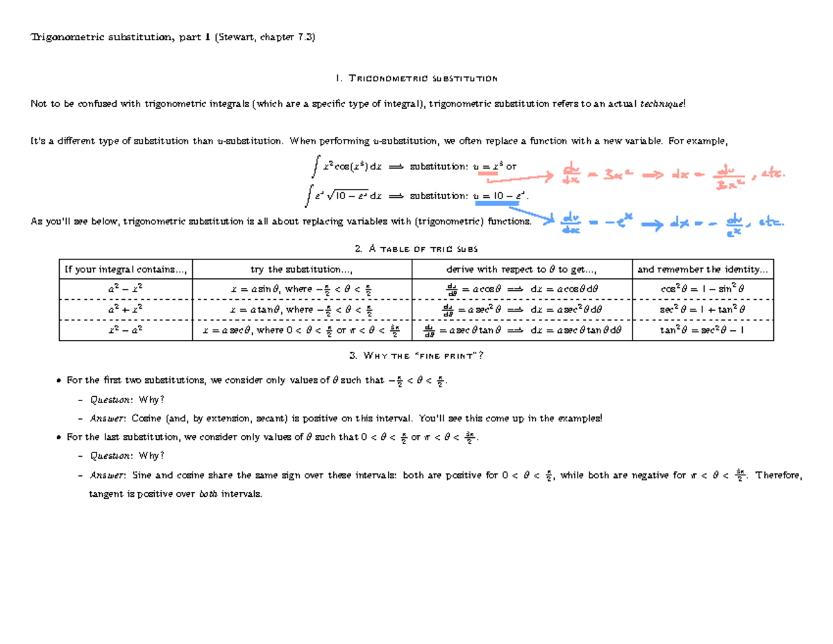Ch 7 3 Trigonometric Substitutions Part 1 Pdf Trigonometric