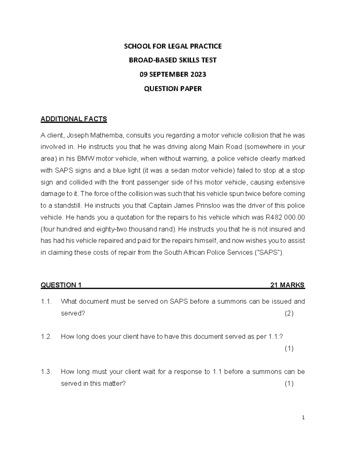 BBST Summative - SCHOOL FOR LEGAL PRACTICE BROAD-BASED SKILLS TEST 09 ...