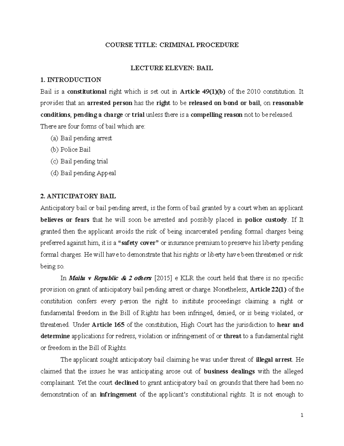 Classnotes Lecture 11 Bail Course Title Criminal Procedure Lecture Eleven Bail 1