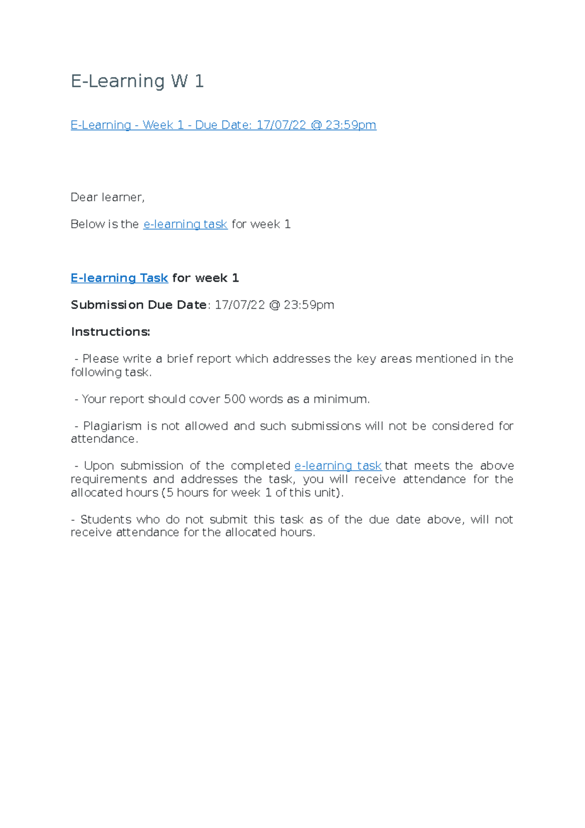 E Learning Week 1 - E-Learning W 1 E-Learning - Week 1 - Due Date: 17 ...