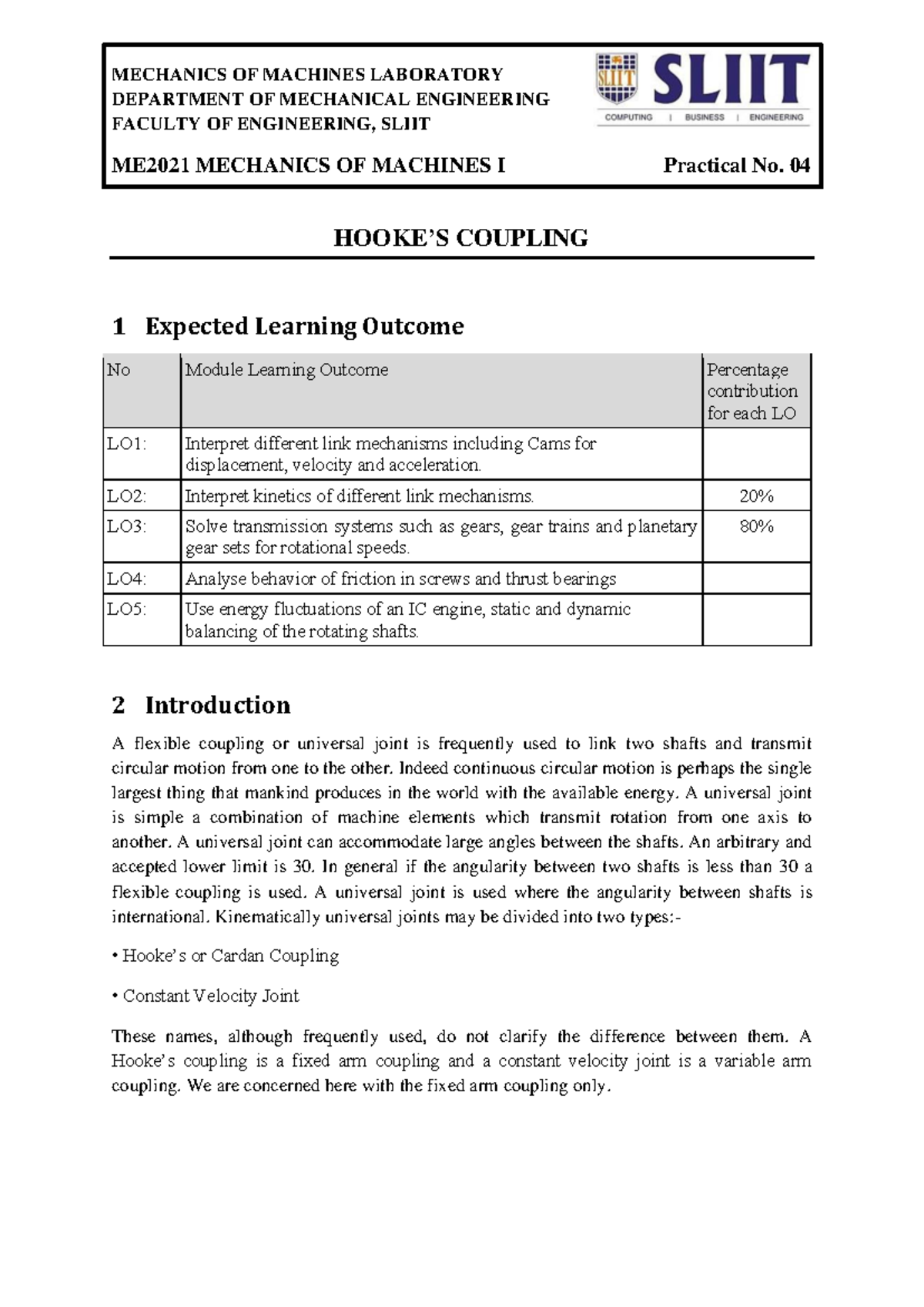 Hook’s Coupling - hook's - MECHANICS OF MACHINES LABORATORY DEPARTMENT ...