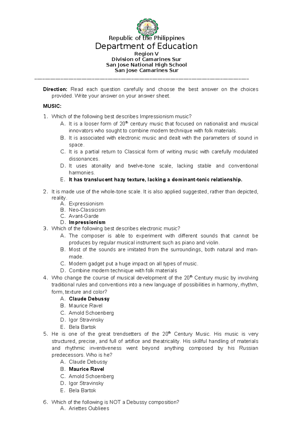 Grade 10 1st Quarterly Exam - Department of Education Region V Division ...