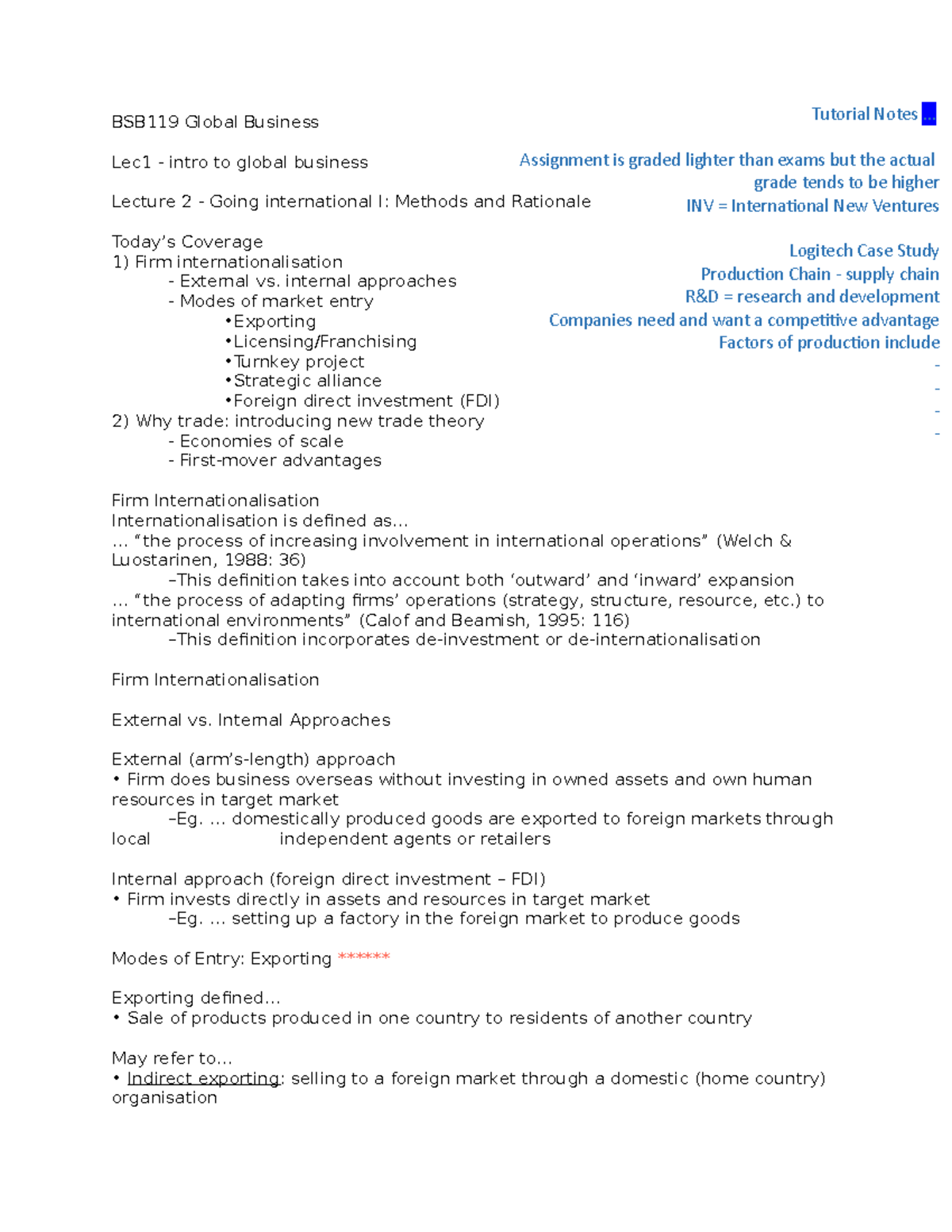 BSB119 Global Business Lecture Notes - BSB119 Global Business Lec1 ...