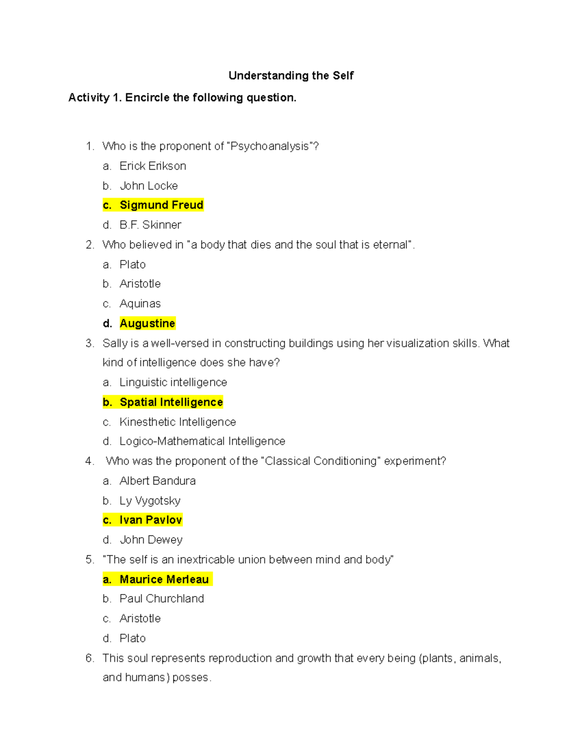 Understanding the Self 1 - Understanding the Self Activity 1. Encircle ...