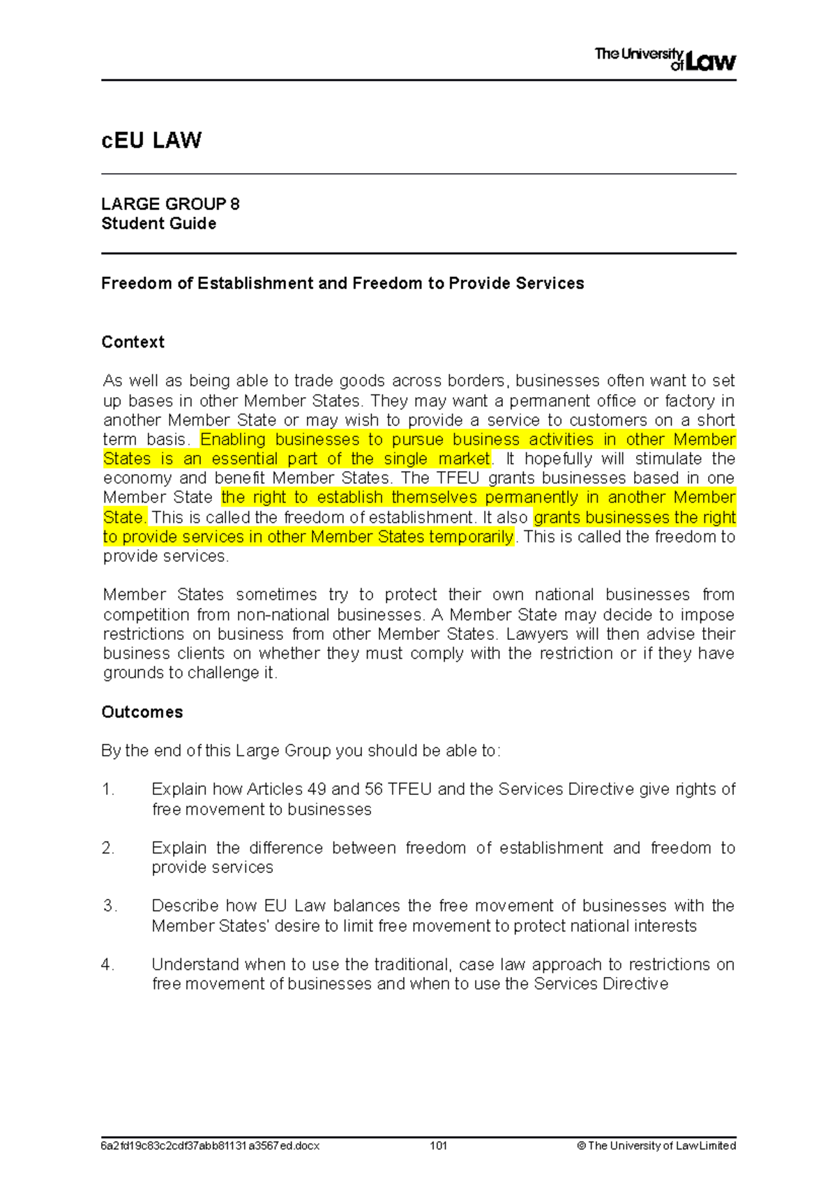 EU Law L8 - lecture notes - cEU LAW LARGE GROUP 8 Student Guide Freedom ...