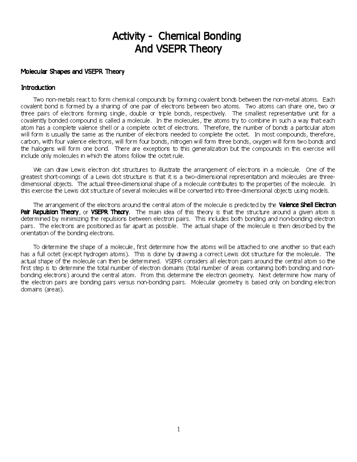 Activity - Prelab Chemical Bonding and Vsepr Theory - Activity ...