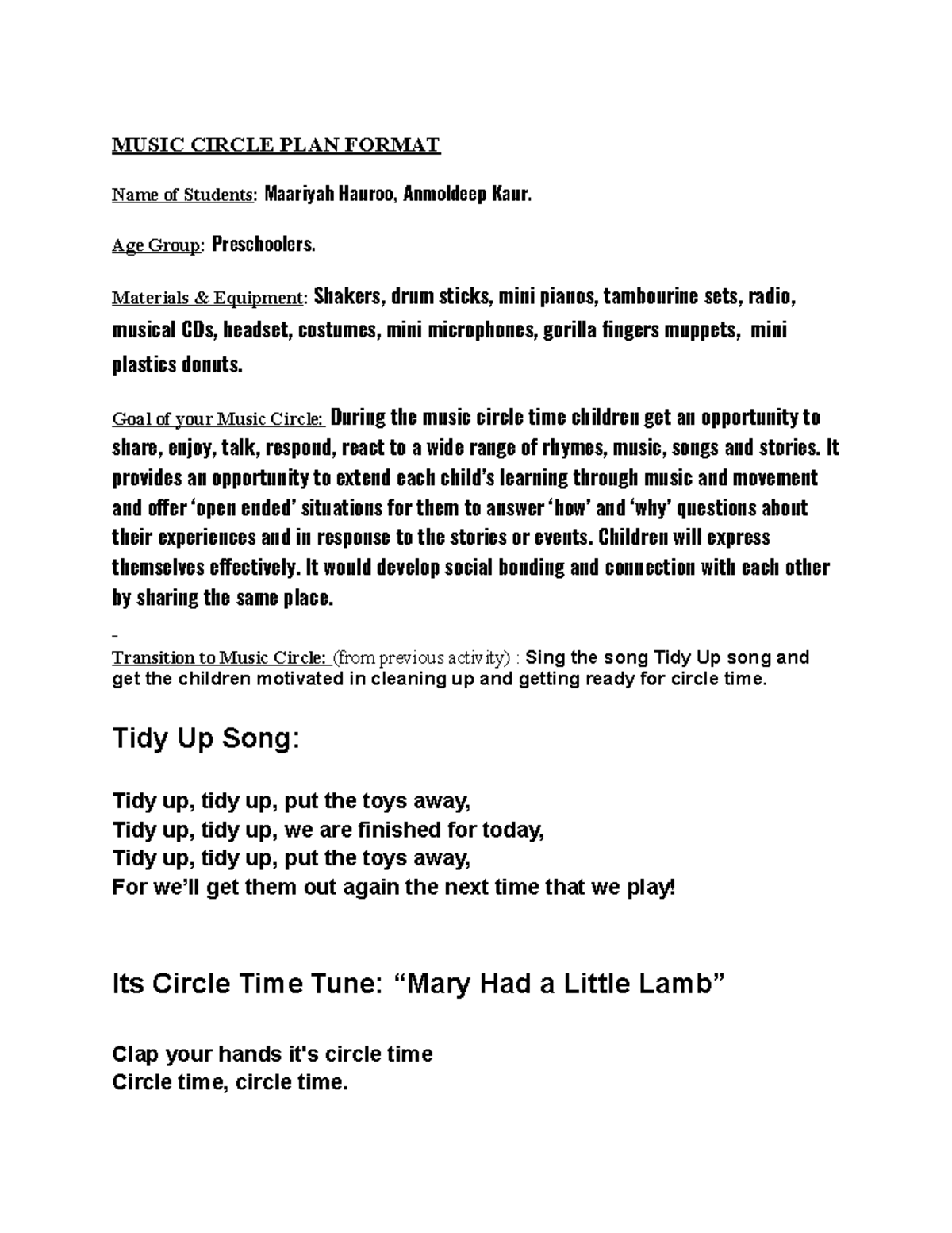 Music Circle PLAN Format Assignment - 2019 - MUSIC CIRCLE PLAN FORMAT ...