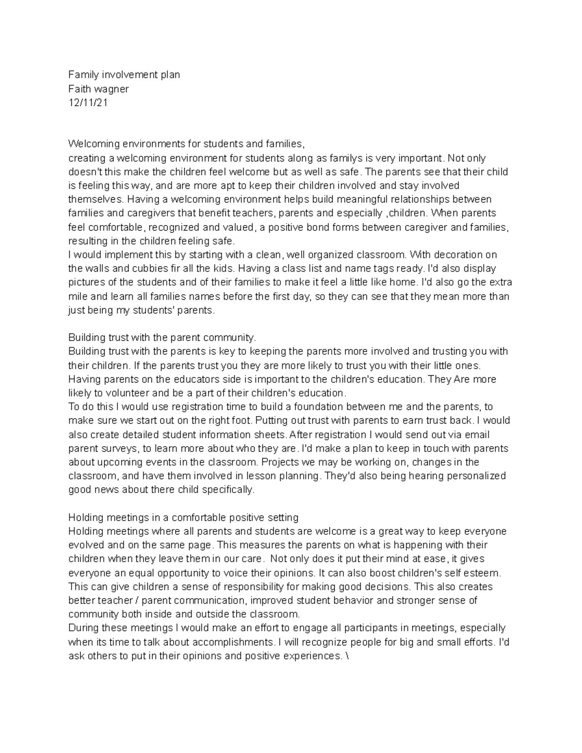 Family inolvement plan - Family involvement plan Faith wagner 12/11 ...