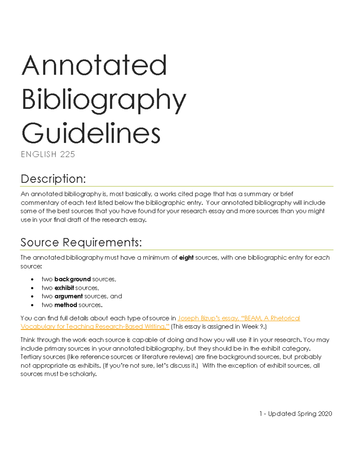 Annotated Bibliography Assignment updated spring 2020 - Annotated ...