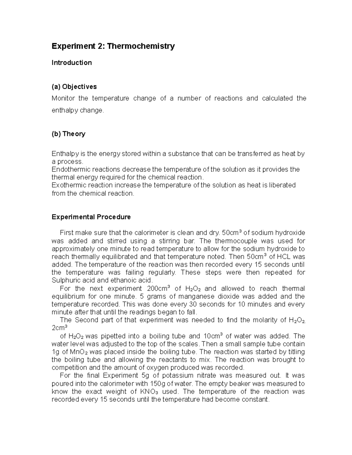 Chemistry 1st year experiment 2 Thermochemestry - Experiment 2 ...