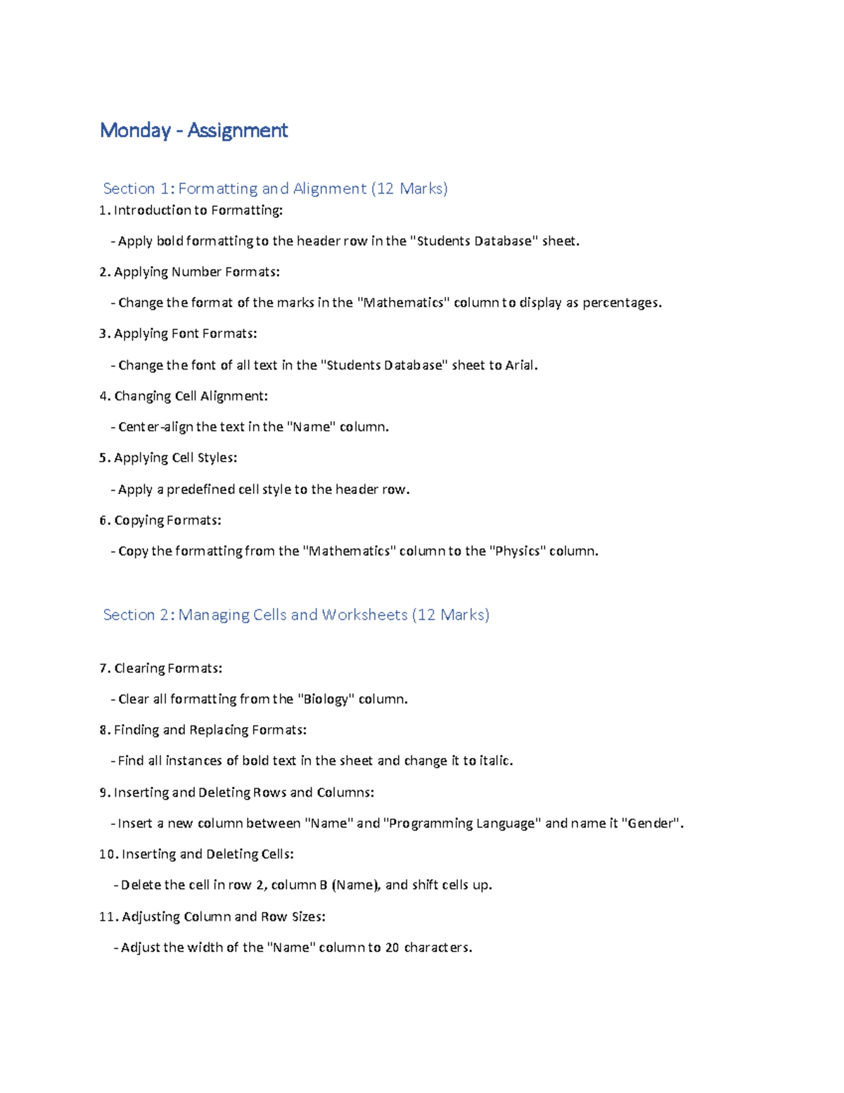 Monday - excel - Monday - Assignment Section 1: Formatting and ...