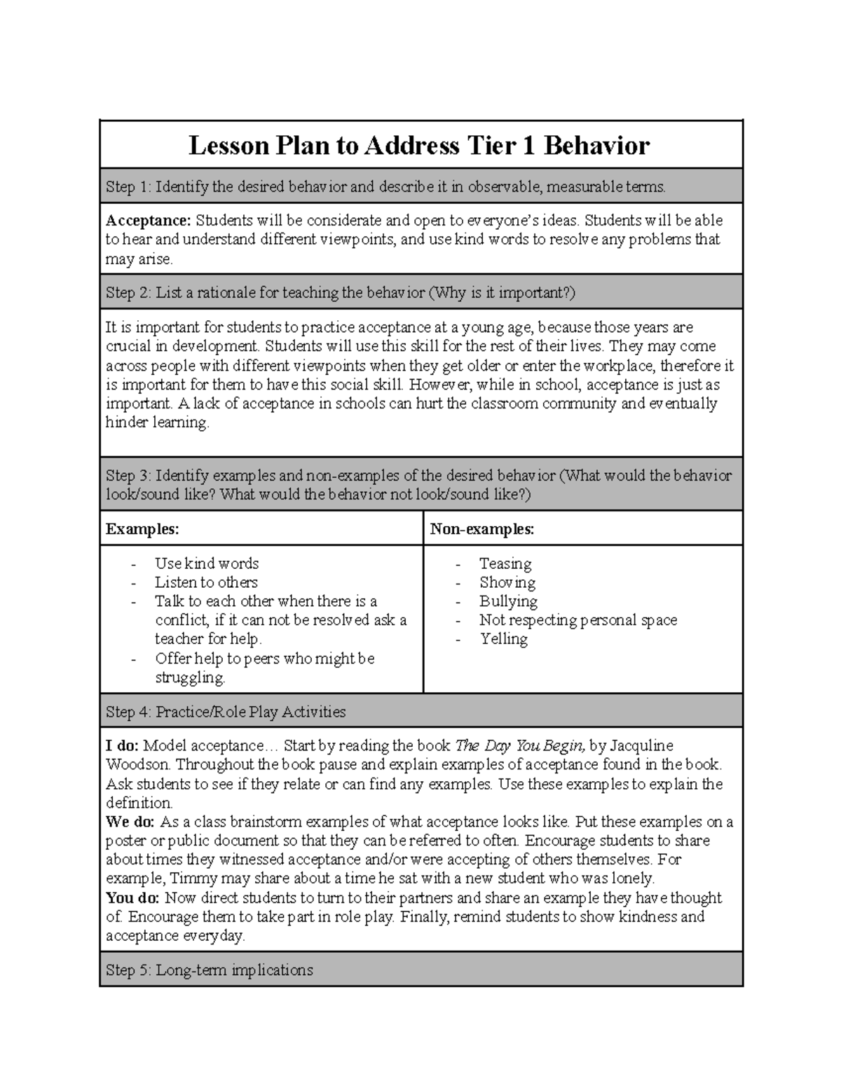 Lesson Plan for Tier 1 - Lesson Plan to Address Tier 1 Behavior Step 1 ...