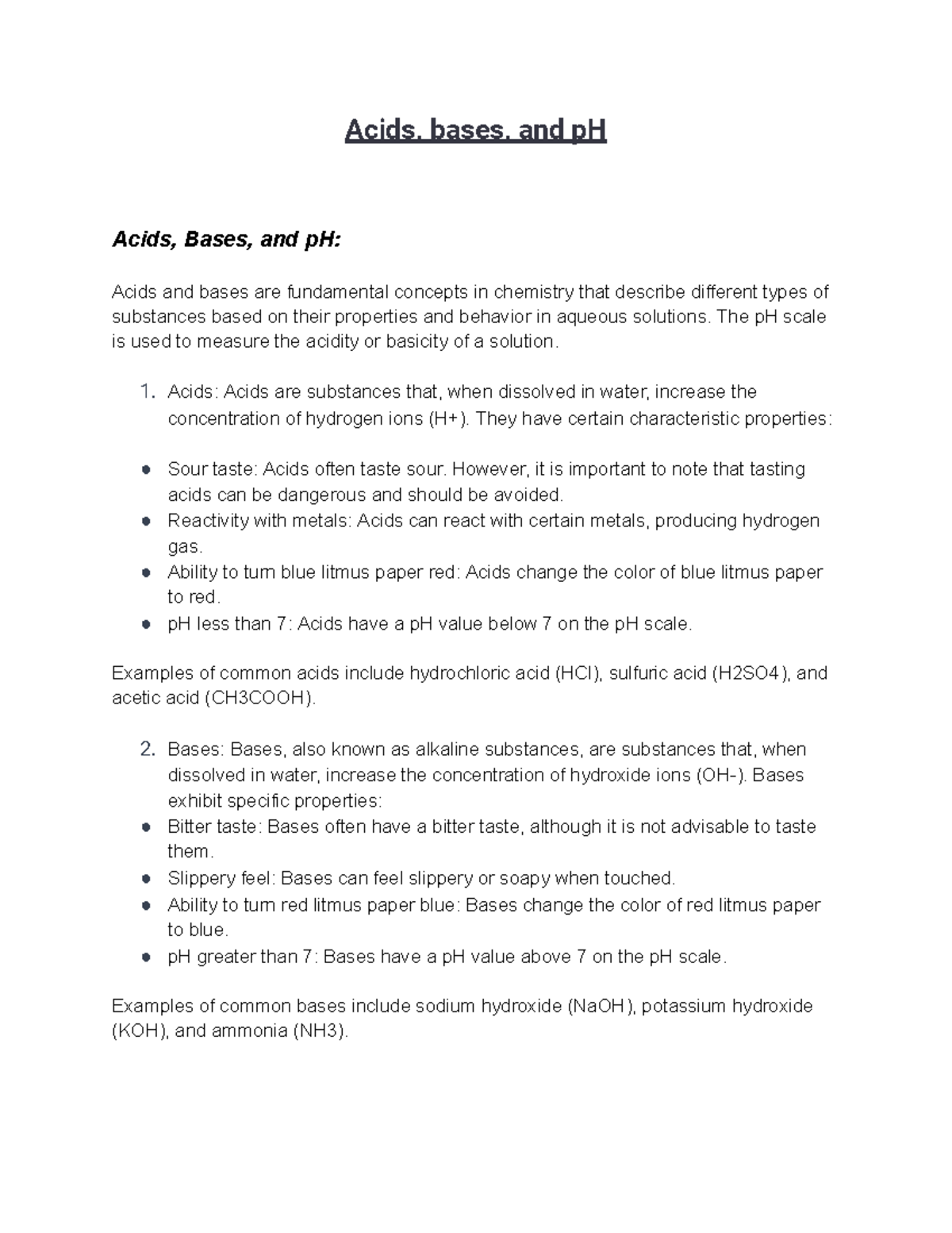 Notes on Acids, bases, and p H - Acids, bases, and pH Acids, Bases, and ...