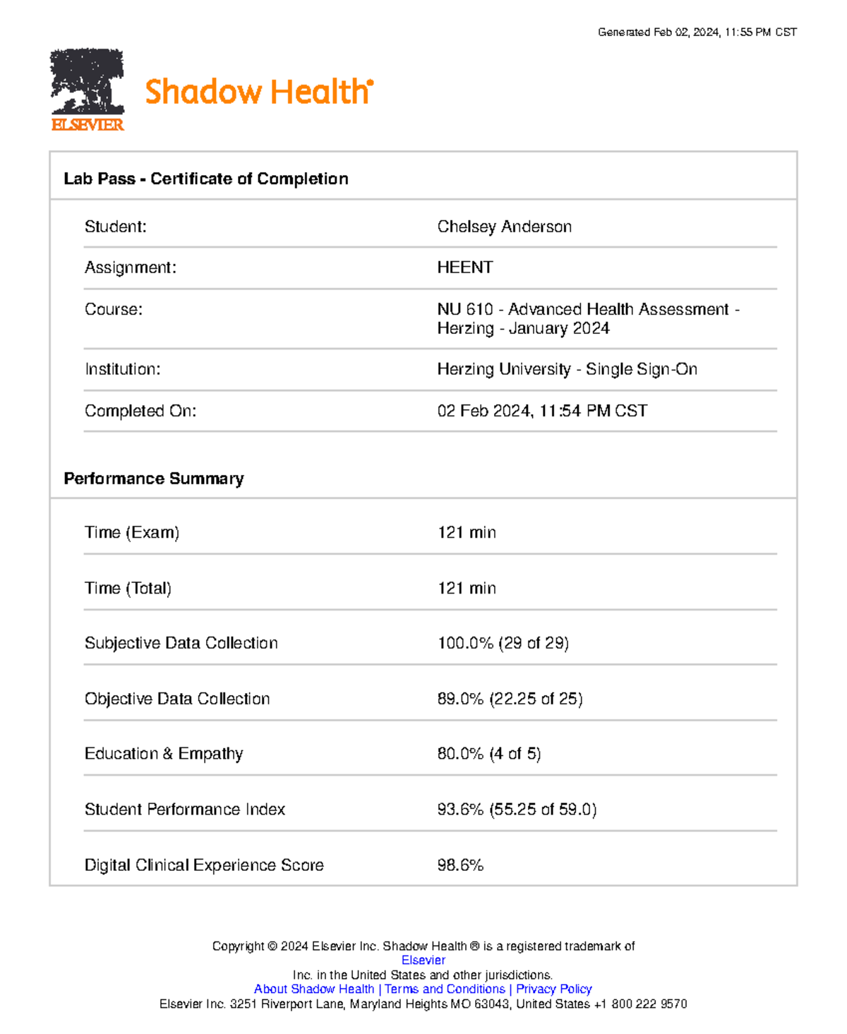 610 heent lab pass - lab pass - Generated Feb 02, 2024, 11:55 PM CST ...