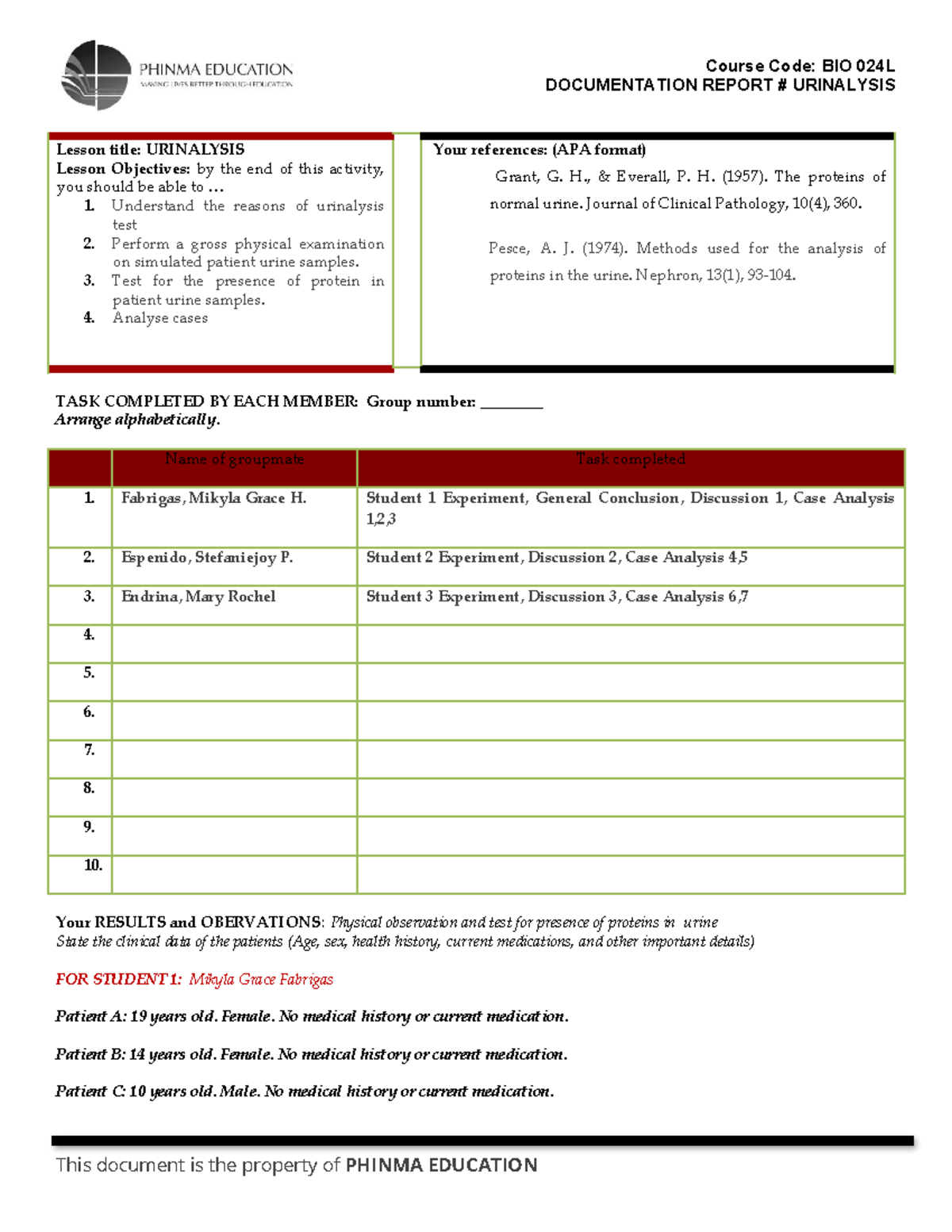 Copy of Copy of DOCU.- Urinalysis - DOCUMENTATION REPORT # URINALYSIS ...