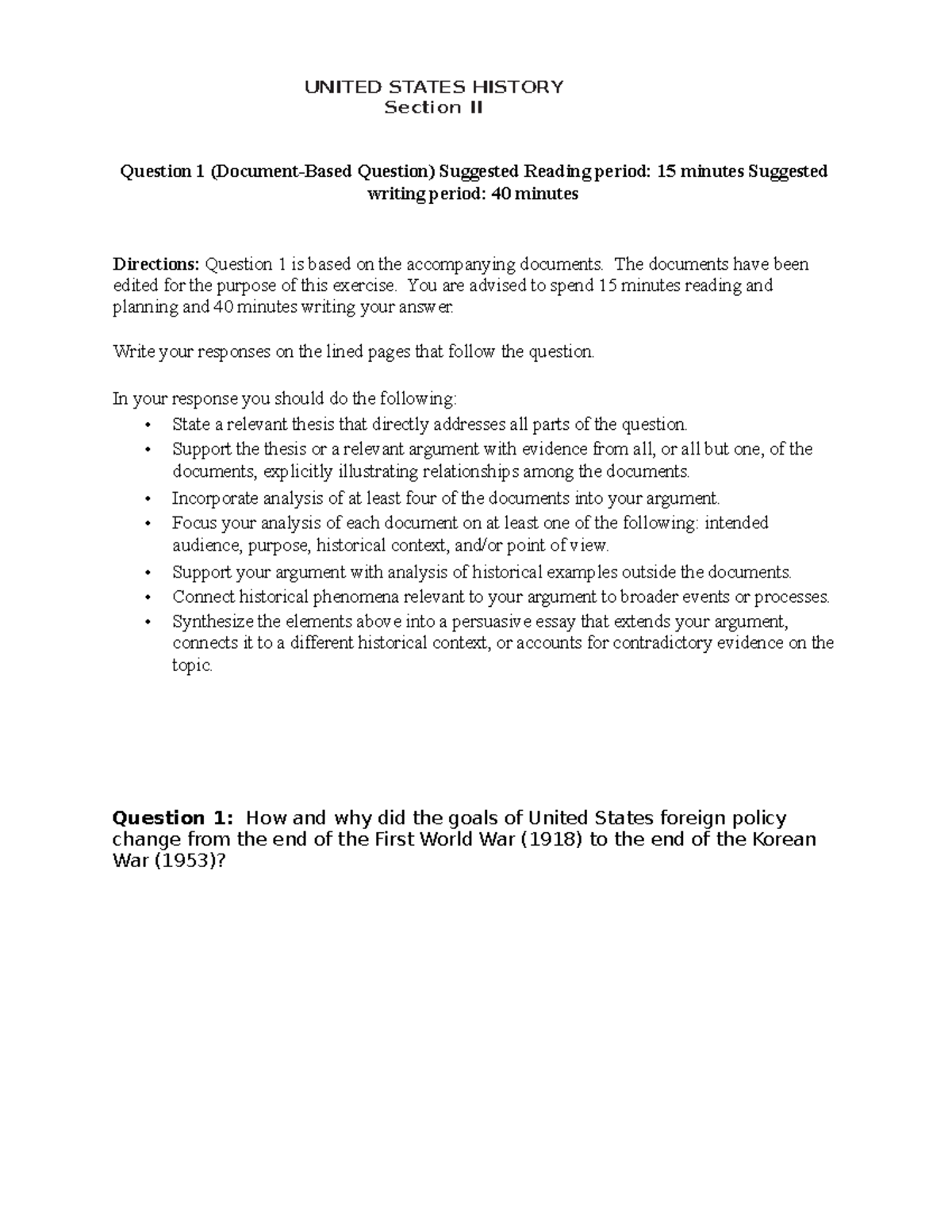 DBQ foreign policy change thru Korea - UNITED STATES HISTORY Section II ...