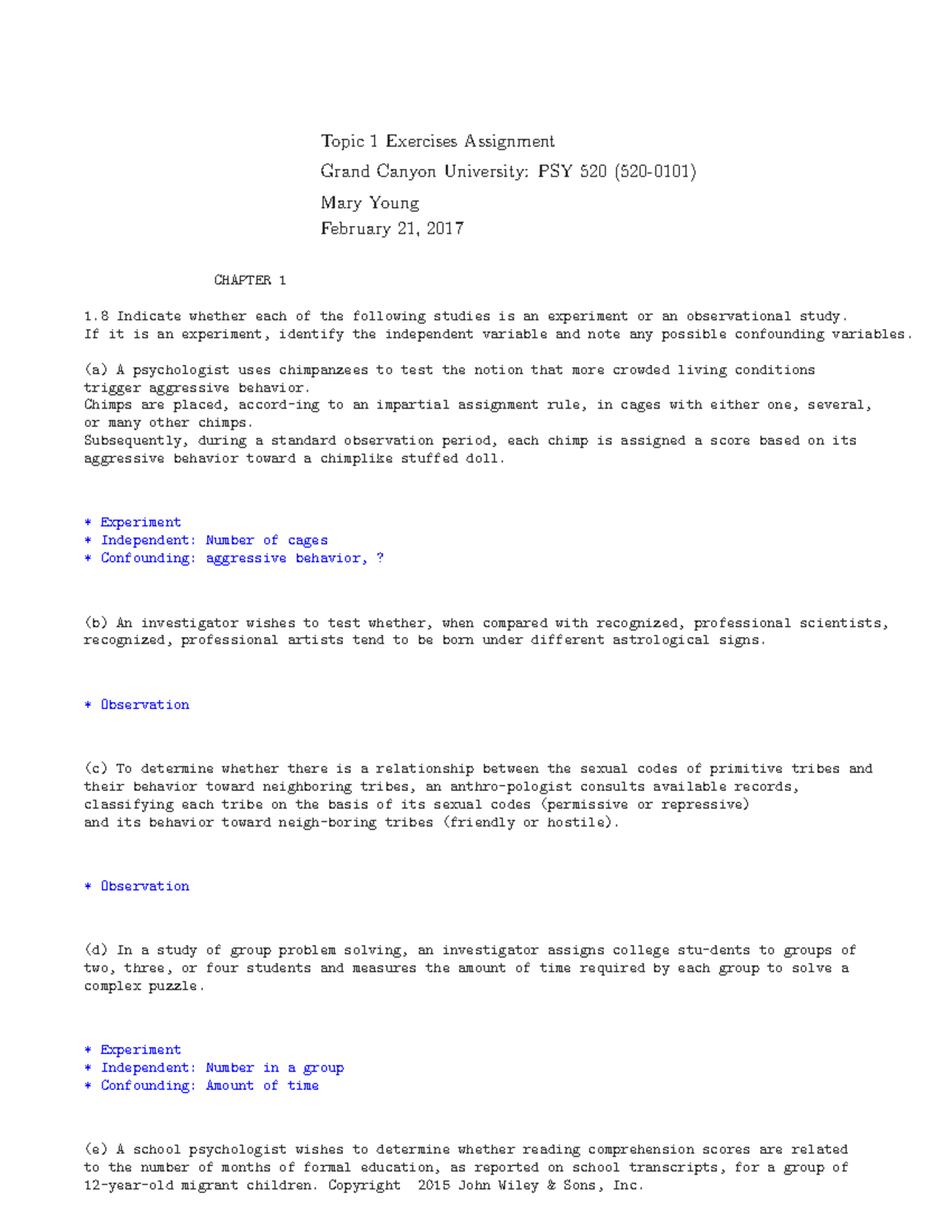 Assignment 1 - assingment - Topic 1 Exercises Assignment Grand Canyon University: PSY 520 (520 ...