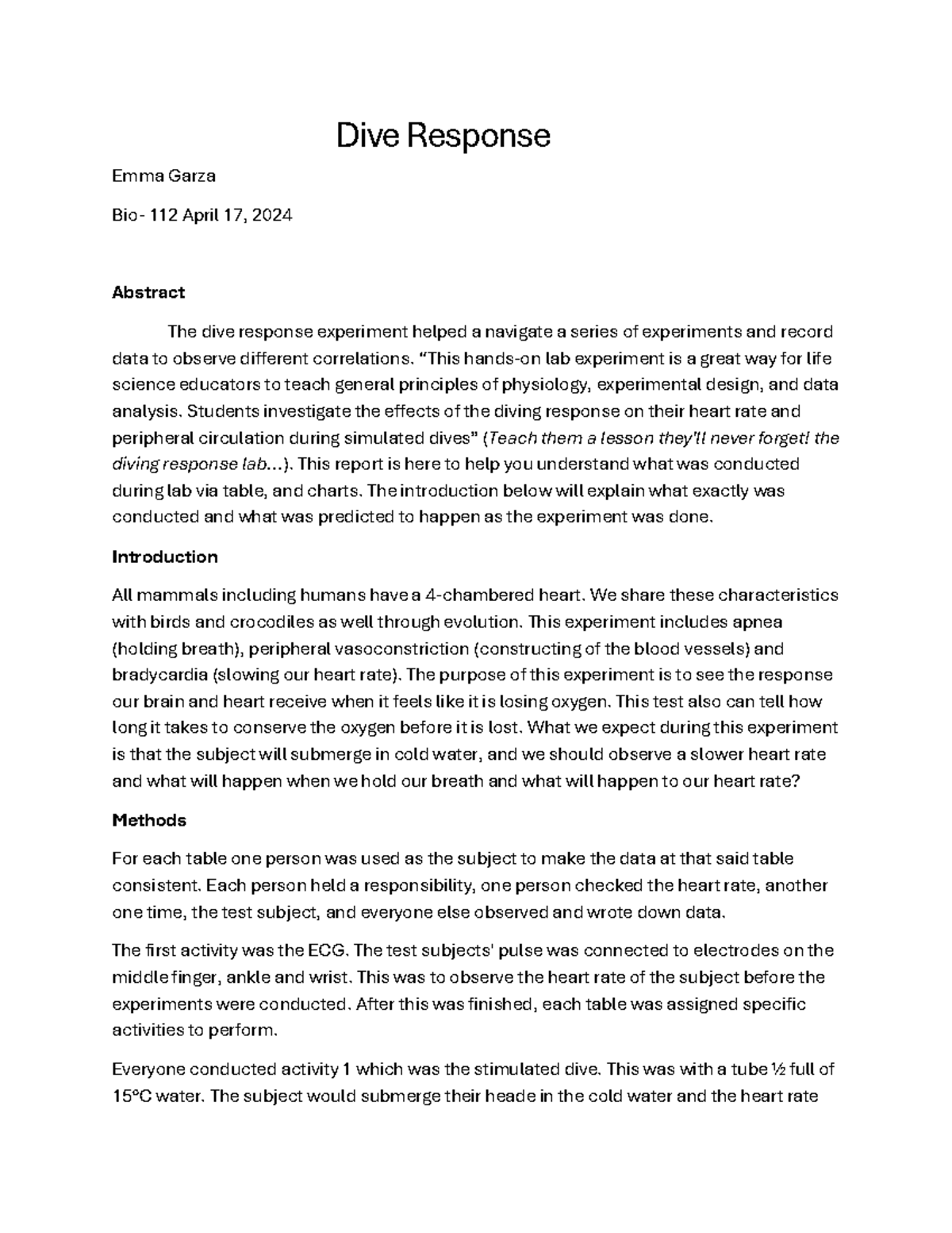 Assingment 9 - Dive Response Emma Garza Bio- 112 April 17, 2024 ...