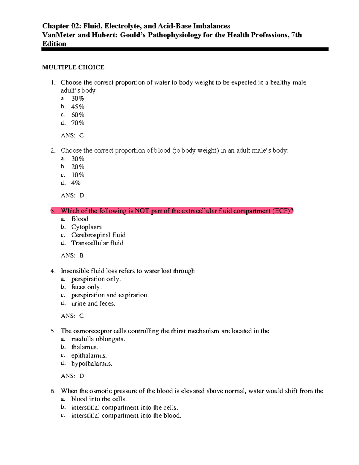02 - practice questions - Chapter 02: Fluid, Electrolyte, and Acid-Base ...