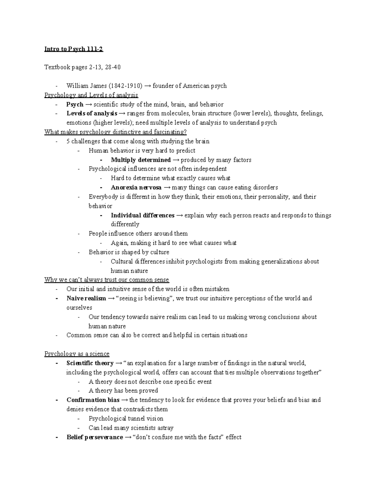 PSYC 111 Unit One Notes - Intro to Psych 111- Textbook pages 2-13, 28 ...
