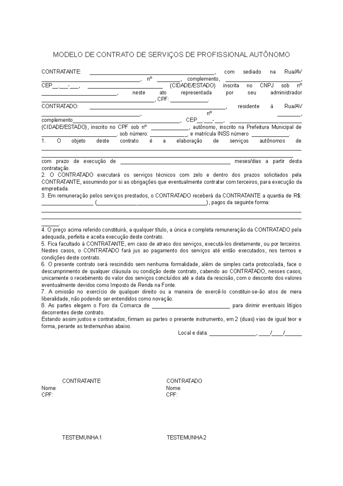 Modelo DE Contrato DE ServiçOS DE Profissional AUTÔNOMO por Conta Já ...