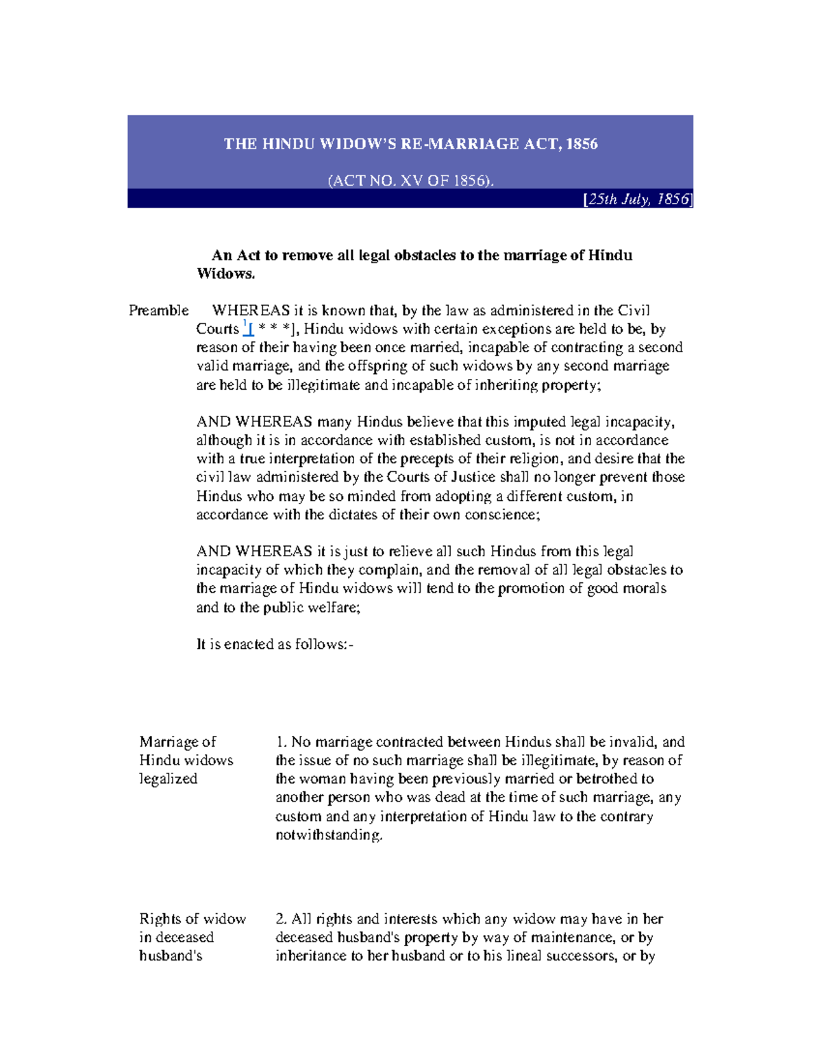 THE Hindu Widows Remarriage ACT - THE HINDU WIDOW’S RE-MARRIAGE ACT ...