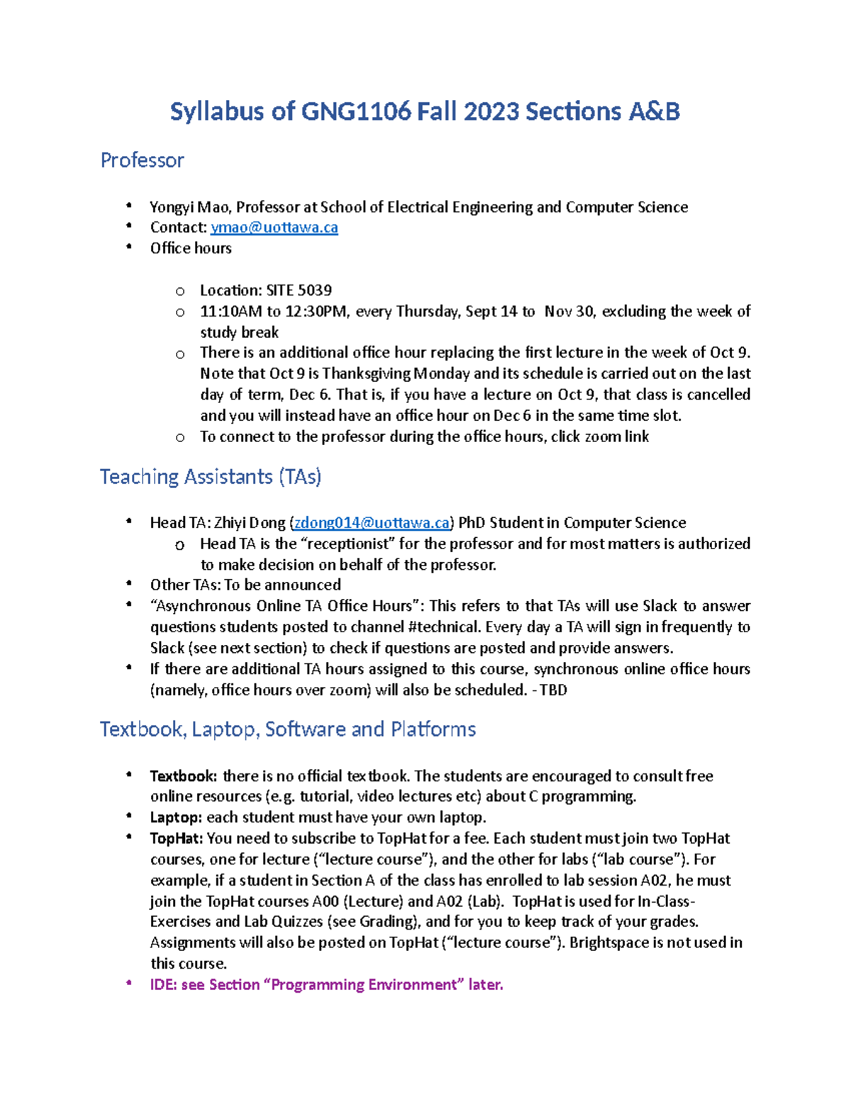 GNG1106 Syllabus - Syllabus of GNG1106 Fall 2023 Sec5ons A&B Professor Yongyi Mao, Professor at ...
