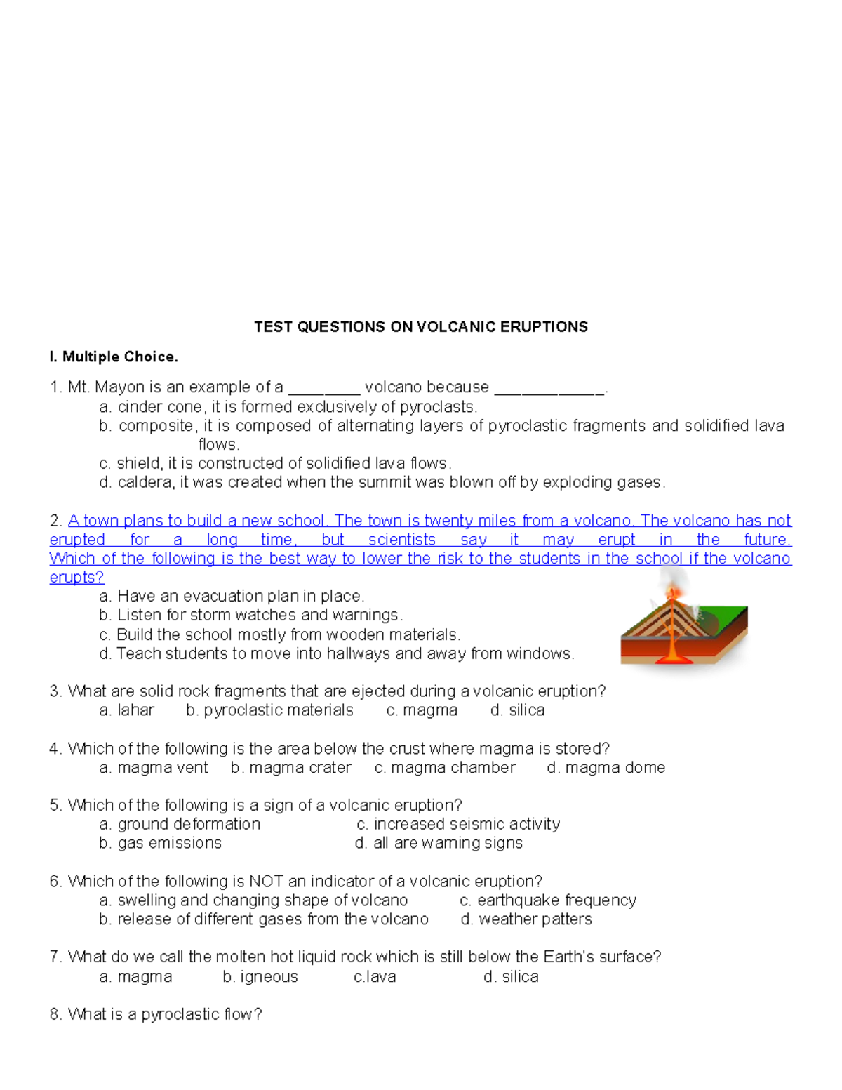 Volcanic eruption - science related - TEST QUESTIONS ON VOLCANIC ...