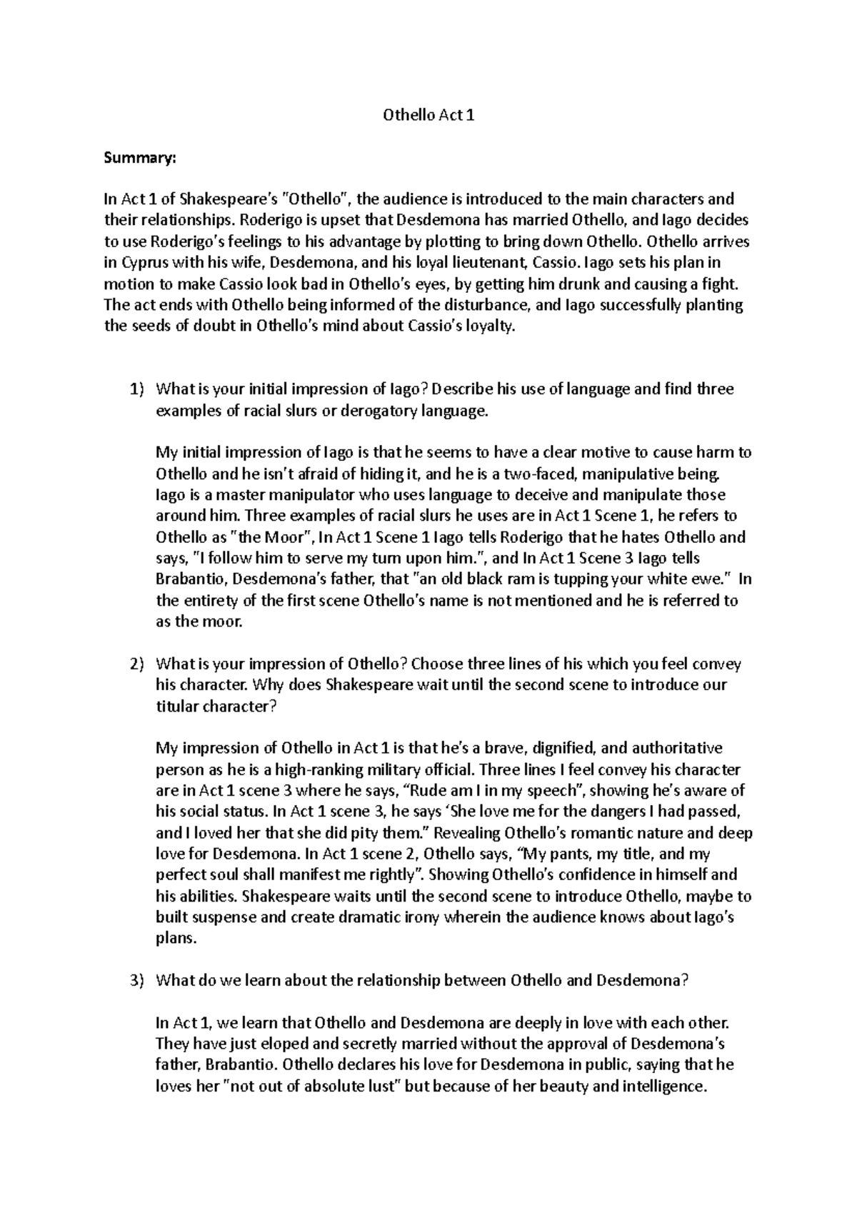 2a. Othello Act 1 - ihilhl - Othello Act 1 Summary: In Act 1 of ...