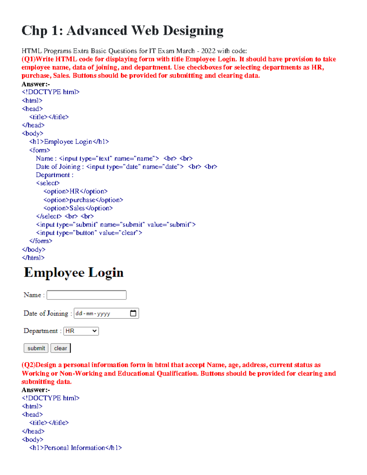 Basic Questions Of Chp 1 Advanced Web Designing Chp 1 Advanced Web Designing Html Programs