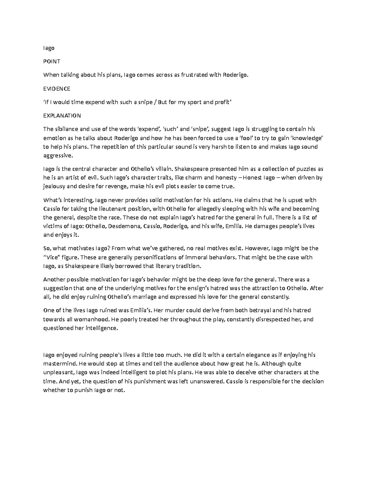Character analysis - Helps with Lit - Iago POINT When talking about his ...