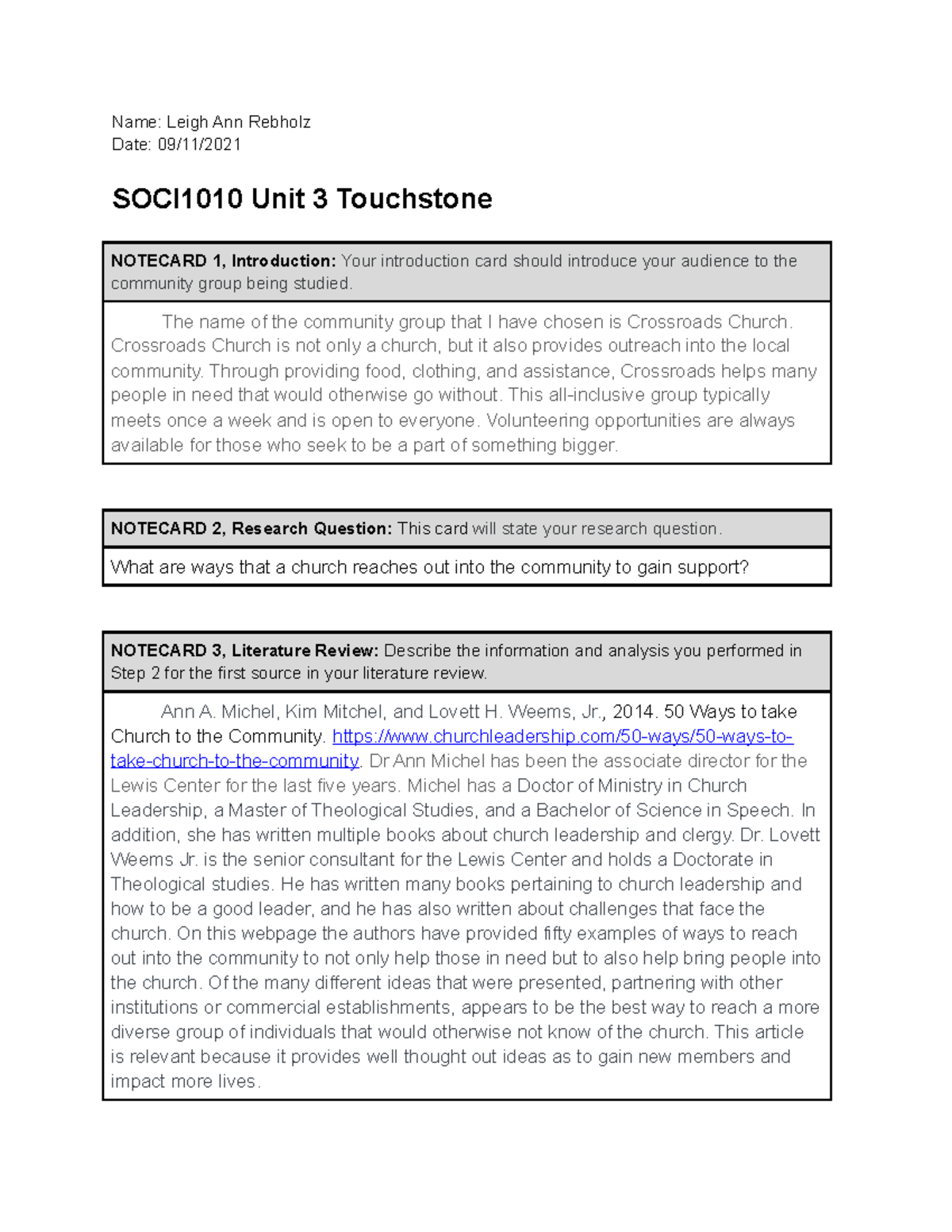 SOCI1010 Touchstone 3 - Name: Leigh Ann Rebholz Date: 09/11/ SOCI1010 Unit 3 Touchstone NOTECARD ...