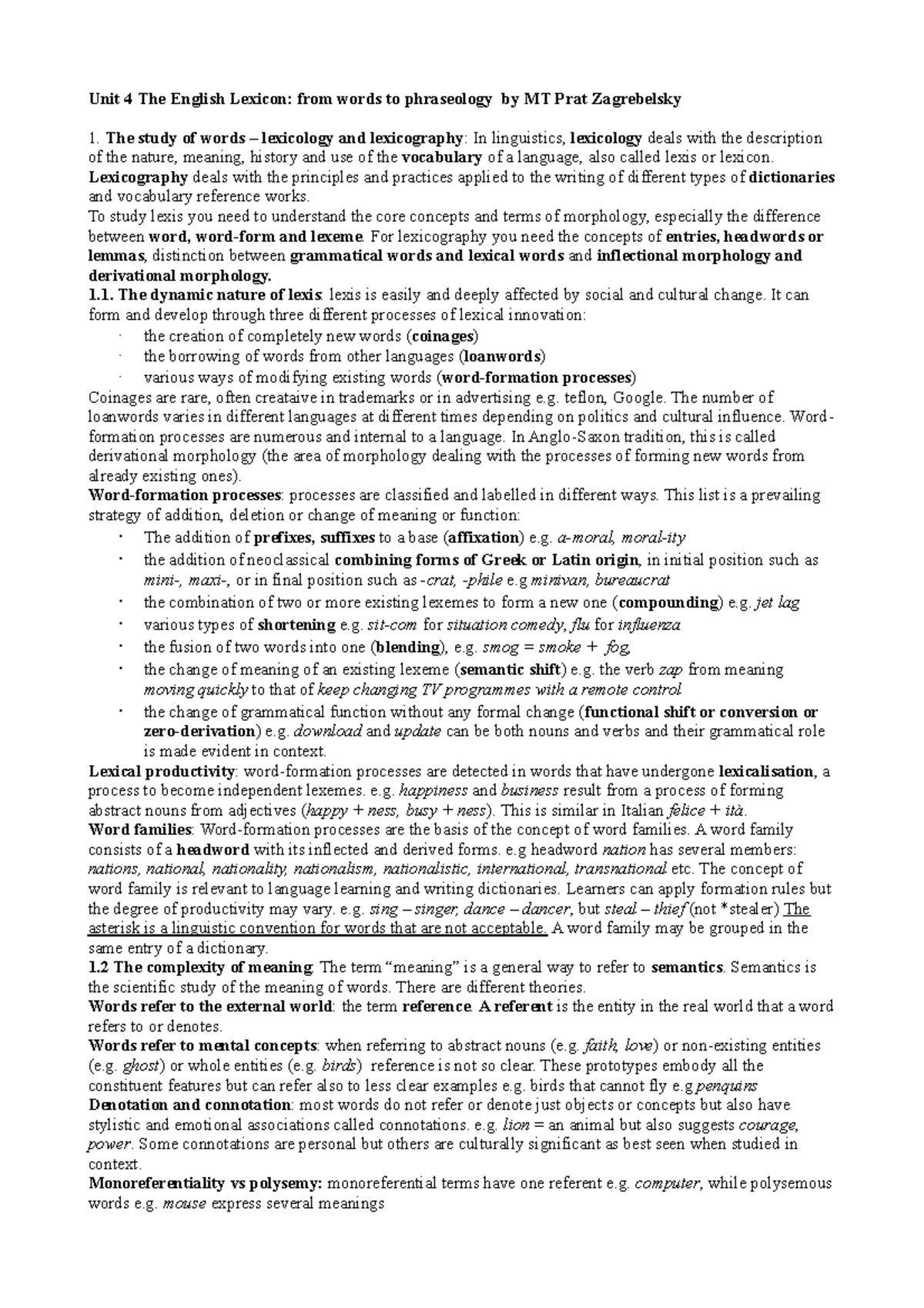 Unit 4 lexicon - Riassunti unità 4 - Handbook of present-day English (A ...