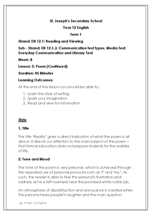 Year 12 Short Stories - Notes - YEAR 12 SHORT STORIES NOTES KEY POINTS ...