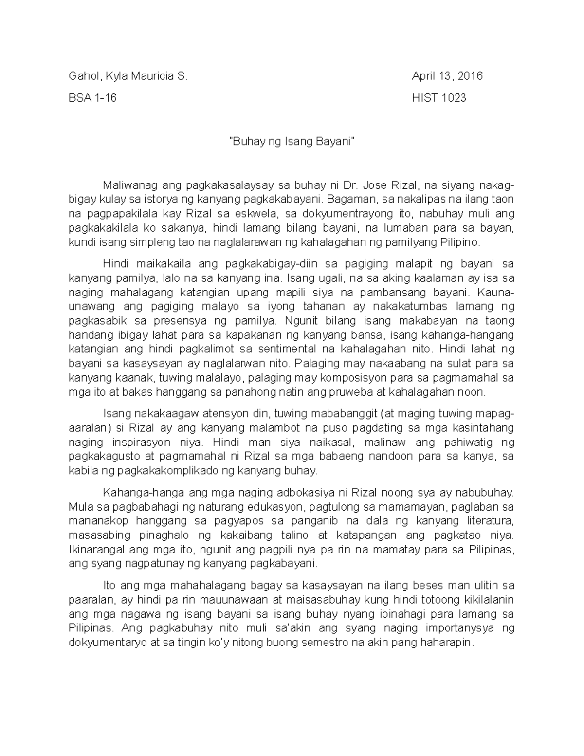 Reflection Paper Rizal Reaction Paper Ang Buhay Ng Isang Bayani Ang