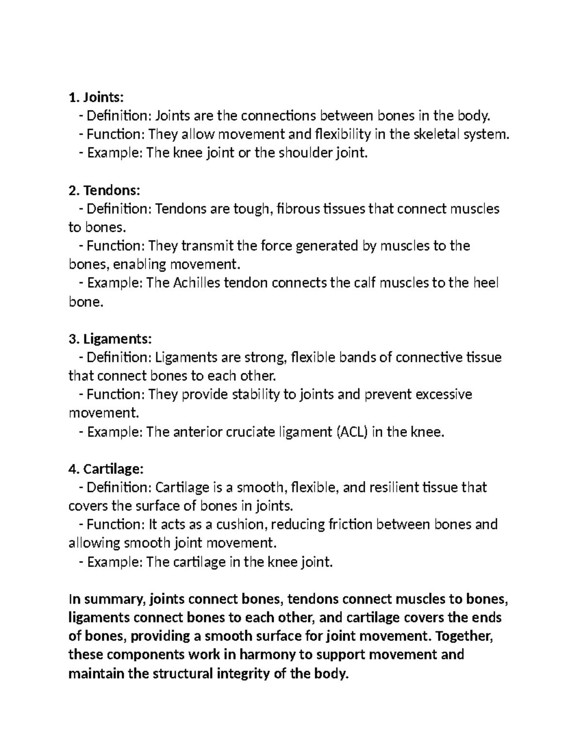 A summary of ligament, tendons and joint - Joints: Definition: Joints ...