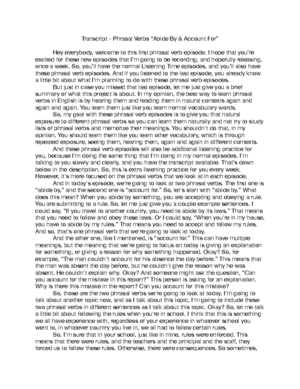 Phrasal Verb Transcript - Abide By, Account For - Transcript - Phrasal ...