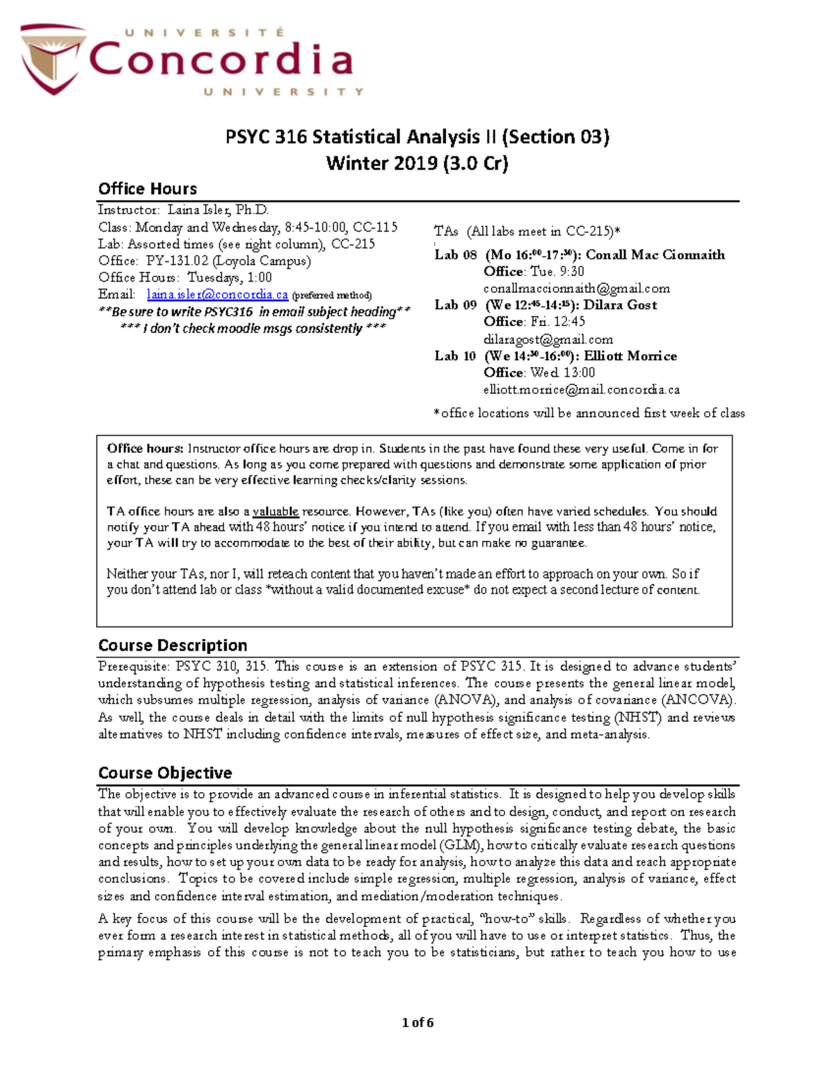 Course Outline316 - PSYC 316 Statistical Analysis II (Section 03) Winter 2019 (3 Cr) Office ...