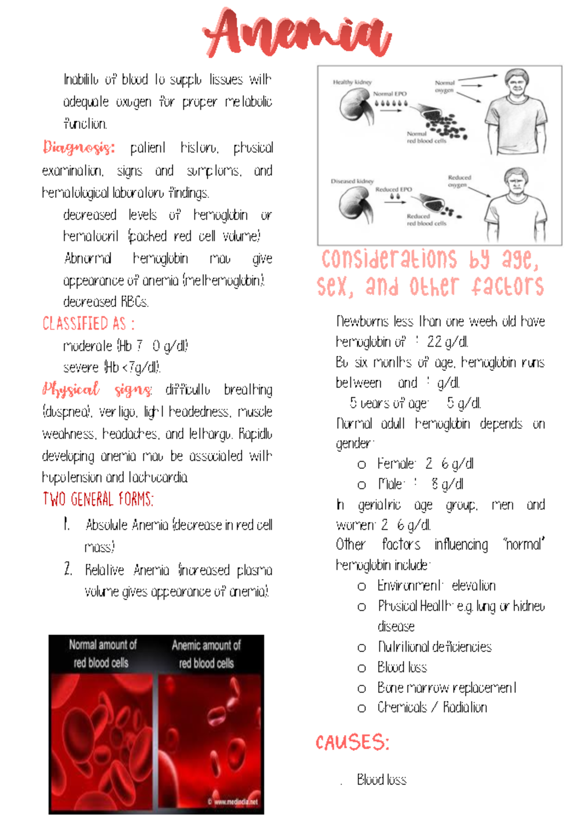 Anemia 1 - Lecture notes 1 - Inability of blood to supply tissues with ...