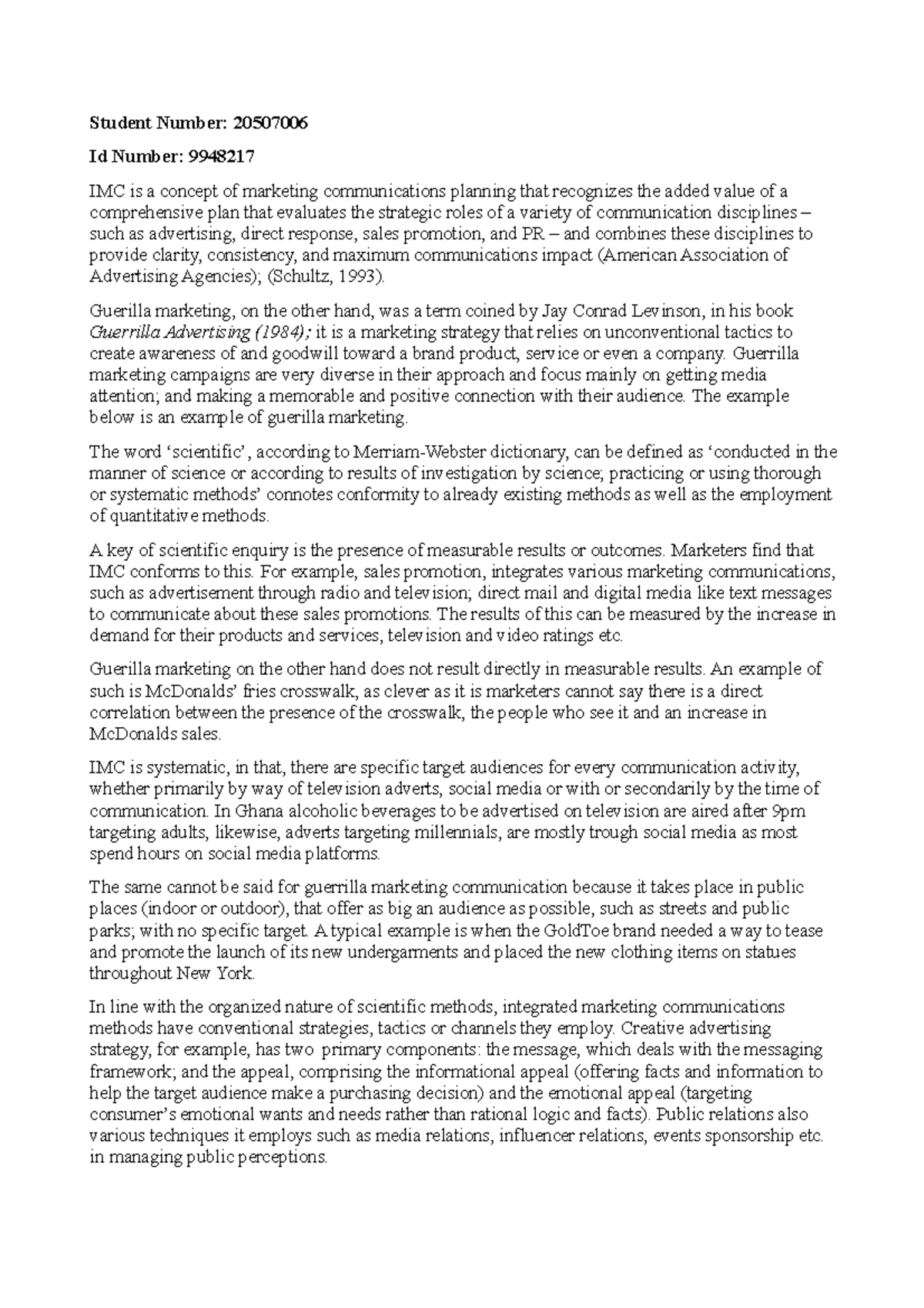 MCS 372 IMC Second Semester Assignment 3 - Student Number: 20507006 Id ...